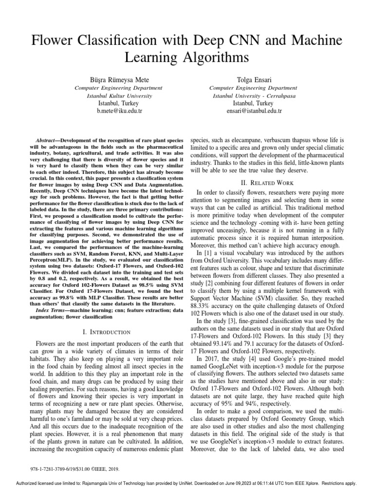 Flower Classification With Deep Cnn And Machine Learning Algorithms Pdf Support Vector 