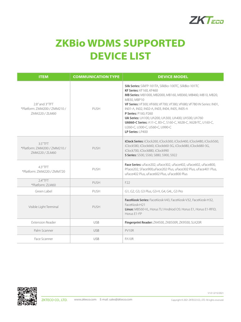 ZKBio WDMS Supported Device List | PDF | Office Equipment | Computing