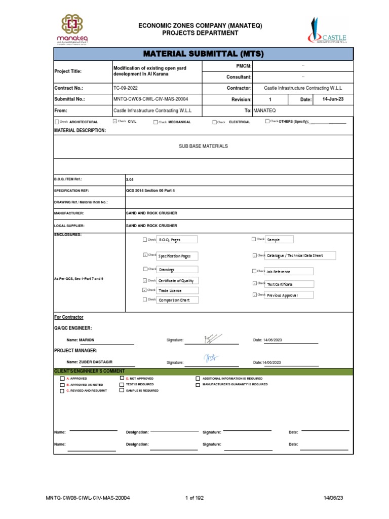 Material Submittal For Subbase - SARC | PDF | Specification (Technical Standard) | Engineering
