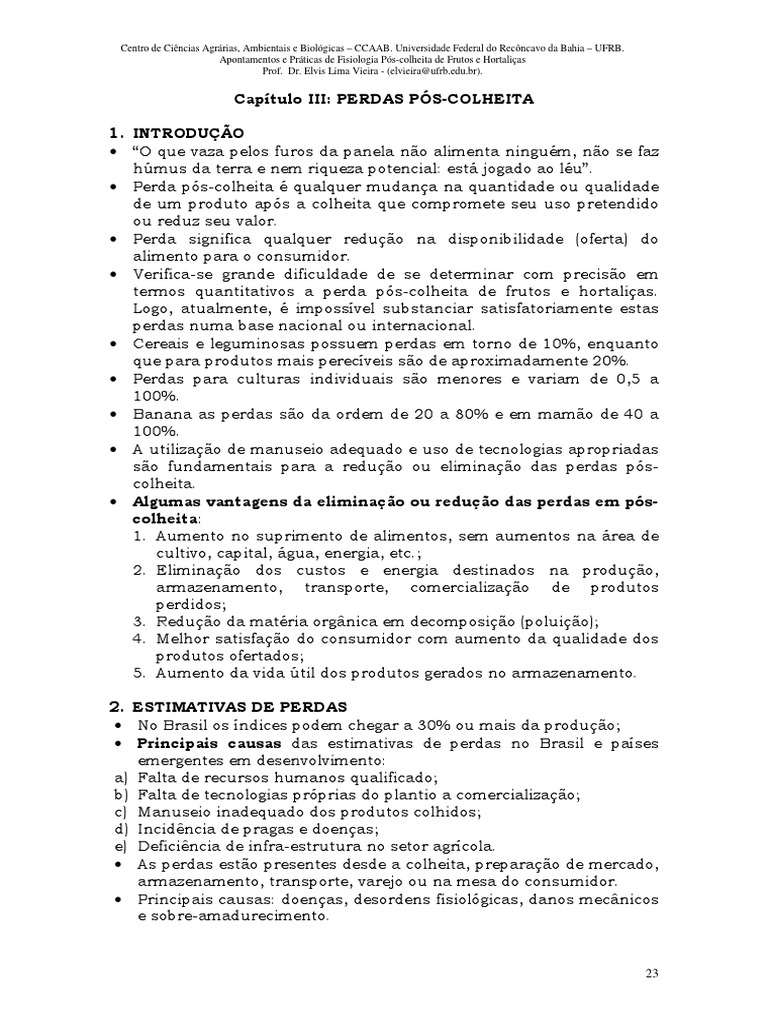 Material Complementar - Aula 4 - Perdas Pós-Colheita | PDF | Agricultura | Pós-colheita