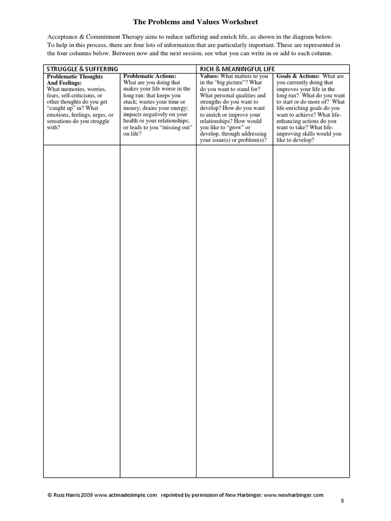 Problems and Values Worksheet for ACT | PDF | Career & Growth | Self ...