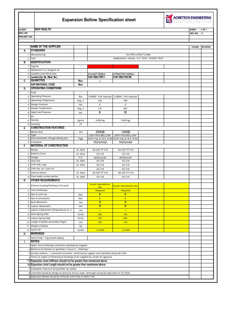 Expansion Bellow Specification Sheet | PDF | Materials | Industrial ...