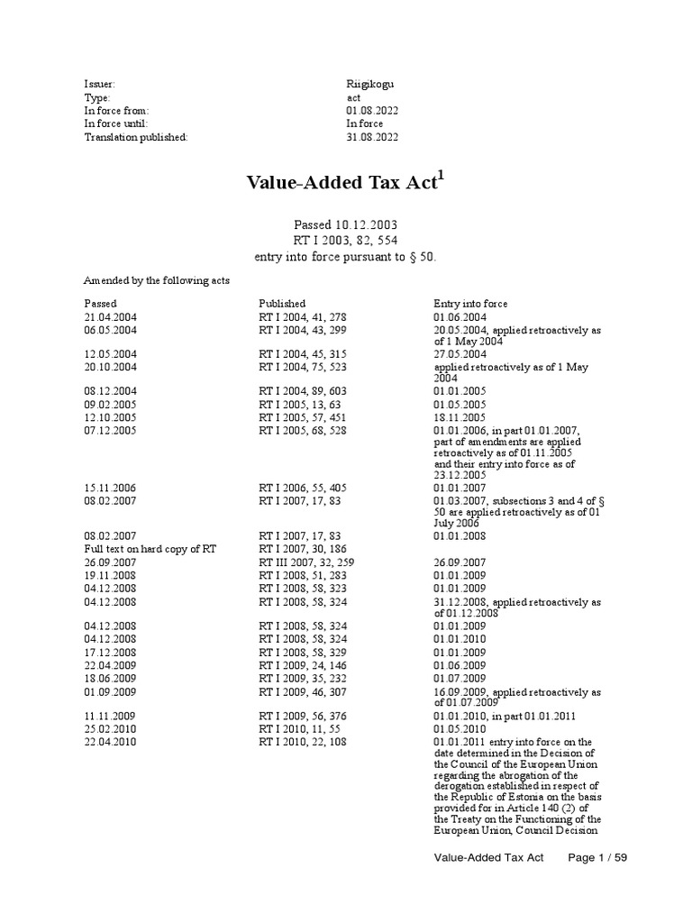 Estonian VAT Tax Act | PDF | Taxes | Excise