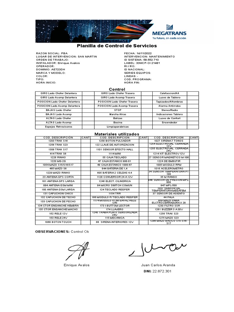 Planilla de Control de Servicios | PDF