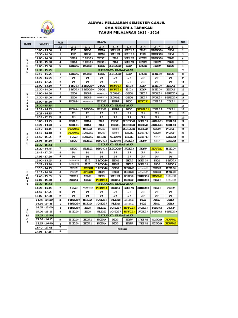 Jadwal Pelajaran Ganjil 2023-2024 | PDF