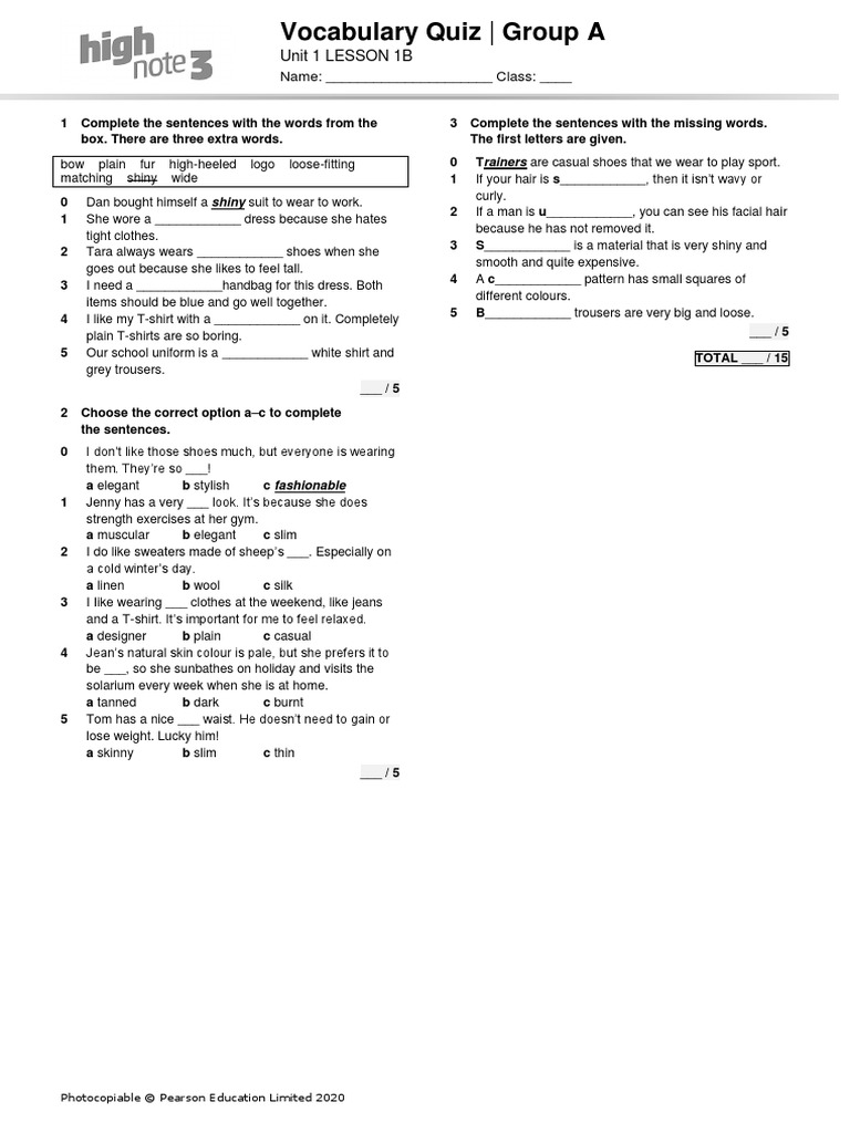 High Note 3 Vocabulary Quizzes | PDF | Mind | Clothing