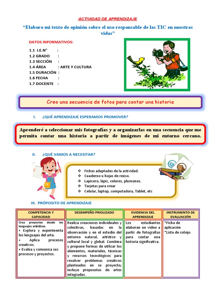 DIA 4 SESION DE APRENDIZAJE Creo Una Secuencia de Fotos para Contar Una Historia | PDF | Cámara ...