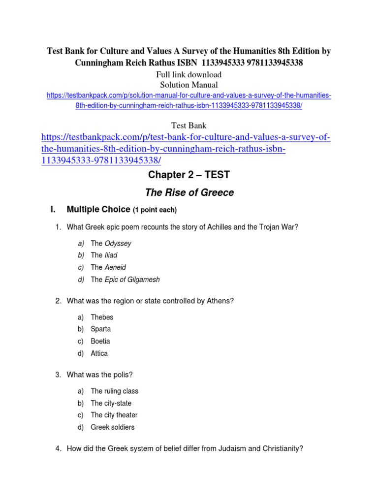 Test Bank for Humanities Survey 8th Ed. | PDF | Greek Mythology | Iliad