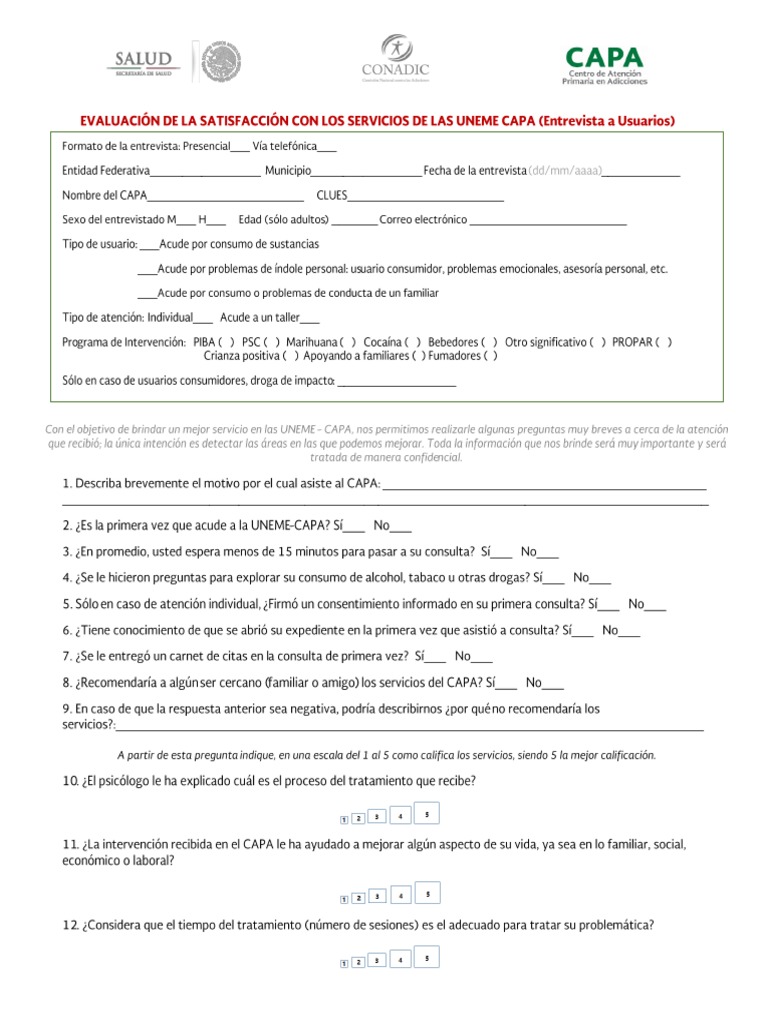 Formato EVALUACIÓN DE LA SATISFACCIÓN CON LOS SERVICIOS DE LAS UNEME CAPA (2018) | PDF