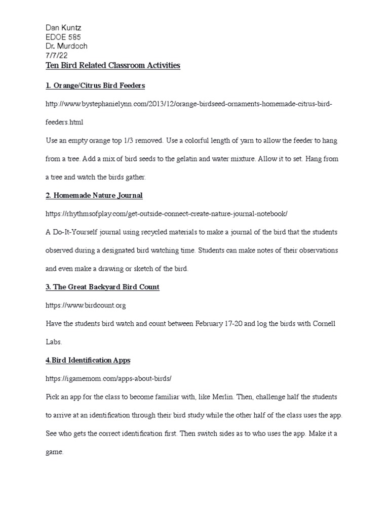 10 Classroom Bird Activities | PDF | Birds | Ornithology