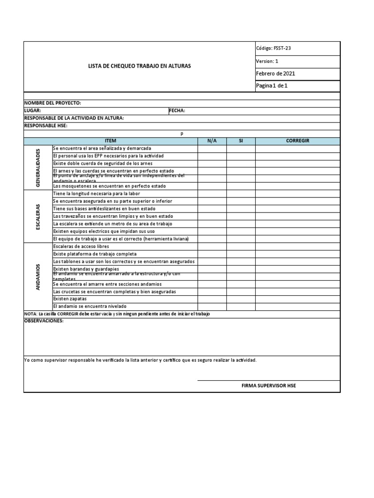 Lista de Chequeo para Actividades en Alturas | PDF