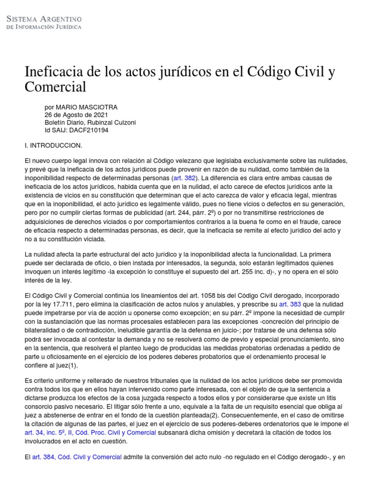 Ineficacia de Los Actos Jurídicos en El Código Civil y Comercial | PDF | Nulo (ley) | Sentencia ...