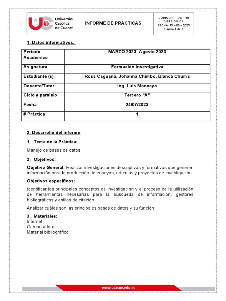 INFORME DE PRÁCTICAS, Manejo de Base de Datos | PDF | Bases de datos | No Sql