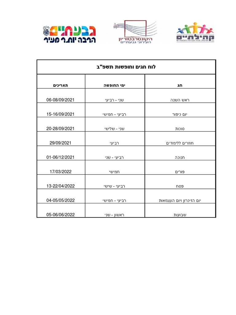 לוח חופשות תשפב | PDF