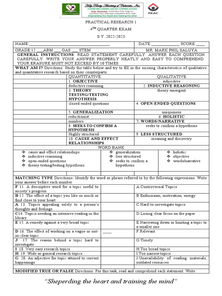 Answer Key Practical Research 1 Examination | PDF | Qualitative ...