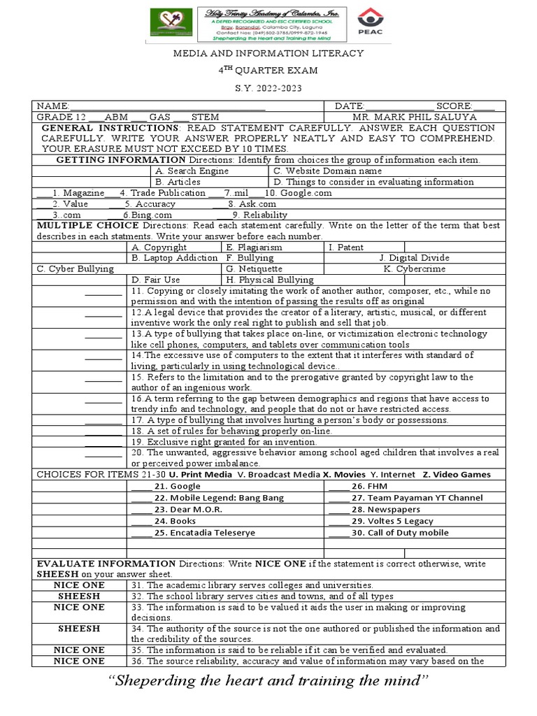 Answer Key Media and Information Literacy Exam | PDF | Internet ...