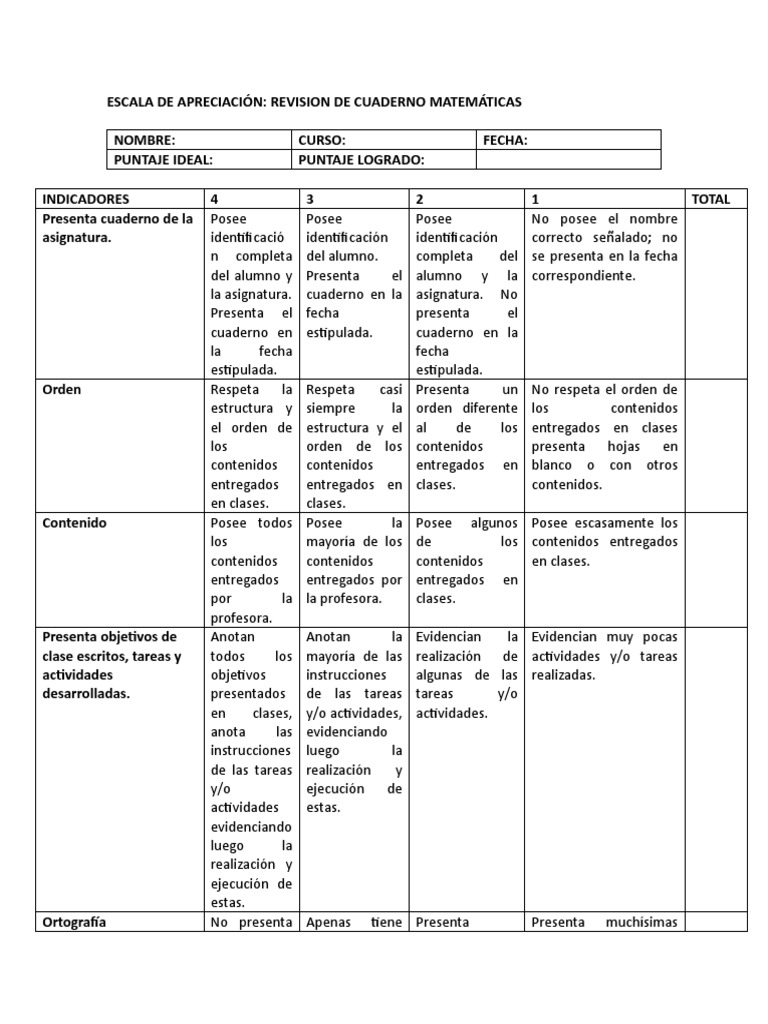 Escala de Apreciación Revisión de Cuadernos | PDF | Cuaderno
