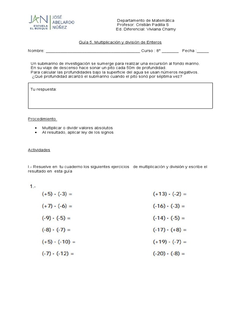 Guía de Multiplicación y División de Enteros | PDF