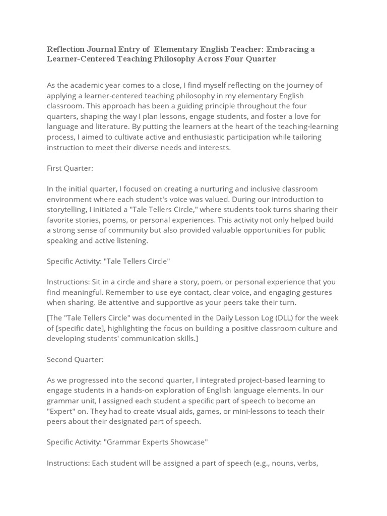 Reflection Journal Entry of Elementary English Teacher | PDF ...