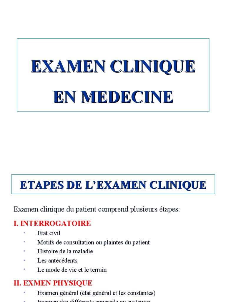 Étapes de l'Examen Clinique en Médecine | PDF | Maladies et troubles ...
