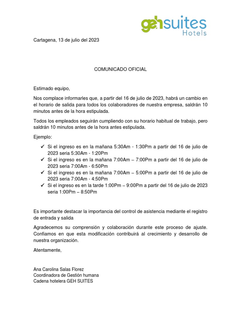 Comunicado de Nuevo Horario | PDF