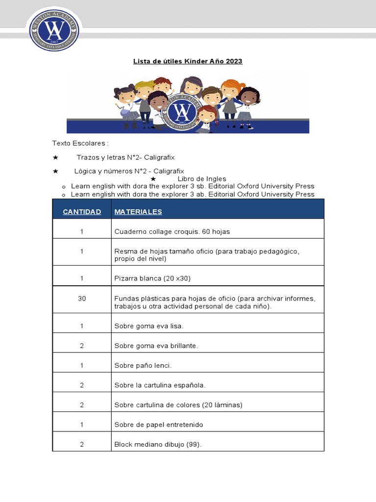 Lista de Útiles Escolares Kinder 2023 | PDF | Lápiz | Papel