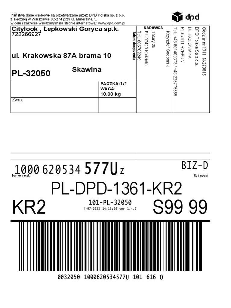 PL-DPD-1361-KR2: Ul. Krakowska 87A Brama 10 Skawina | PDF