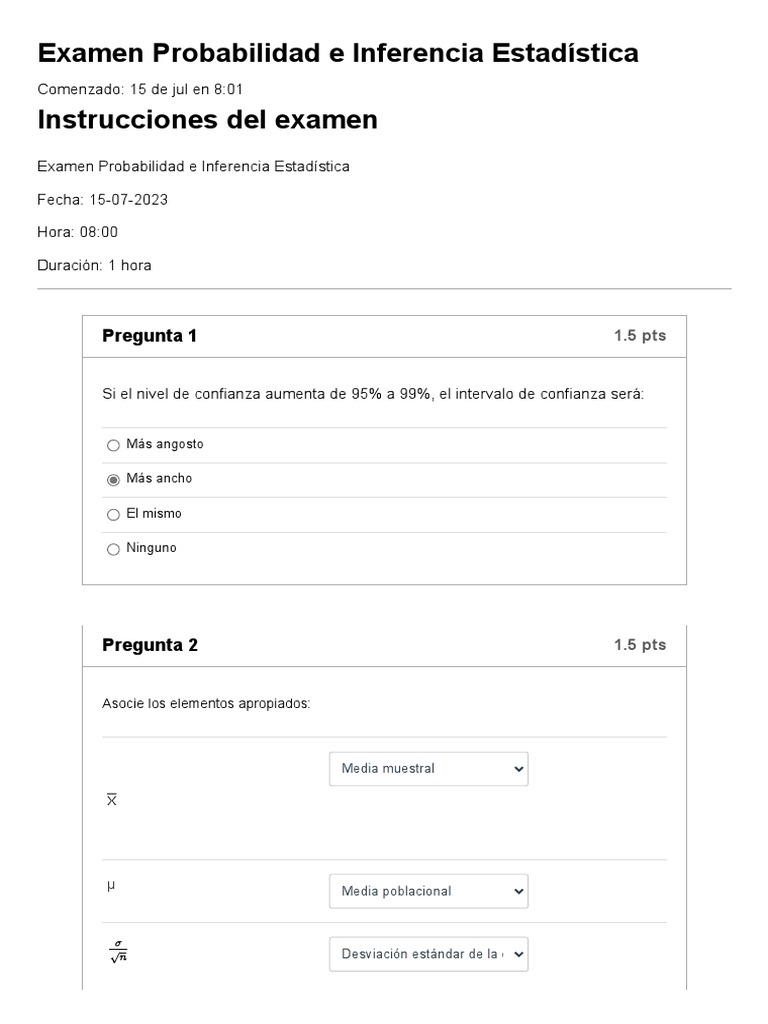 Examen - Examen Probabilidad e Inferencia Estadística DANIEL TRUJILLO HUTTON | Descargar gratis ...