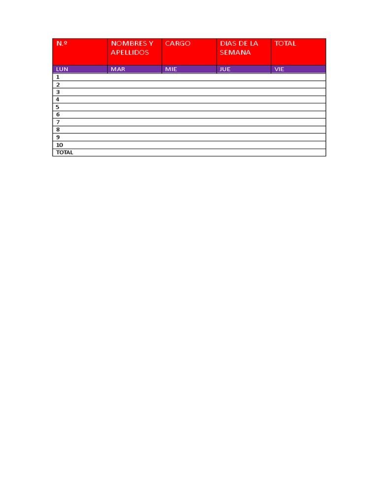N.º Nombres Y Apellidos Cargo Dias de La Semana Total: LUN MAR MIE JUE VIE | PDF