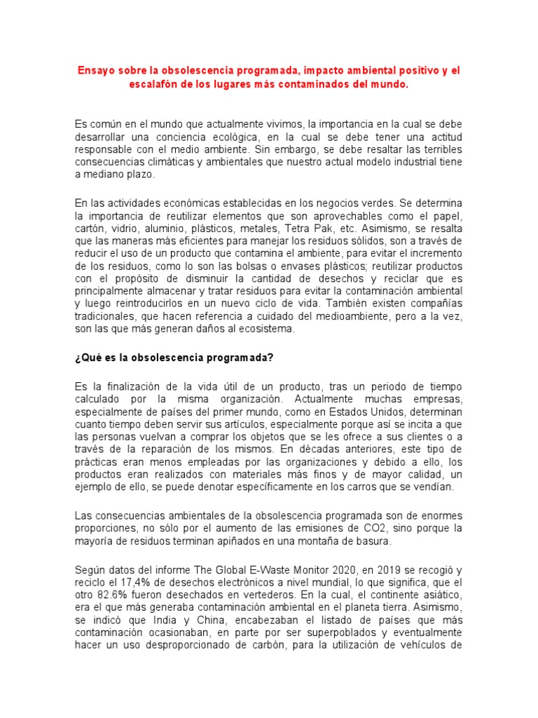 Ensayo Sobre La Obsolescencia Programada | PDF | Residuos | Impacto humano en el medio ambiente