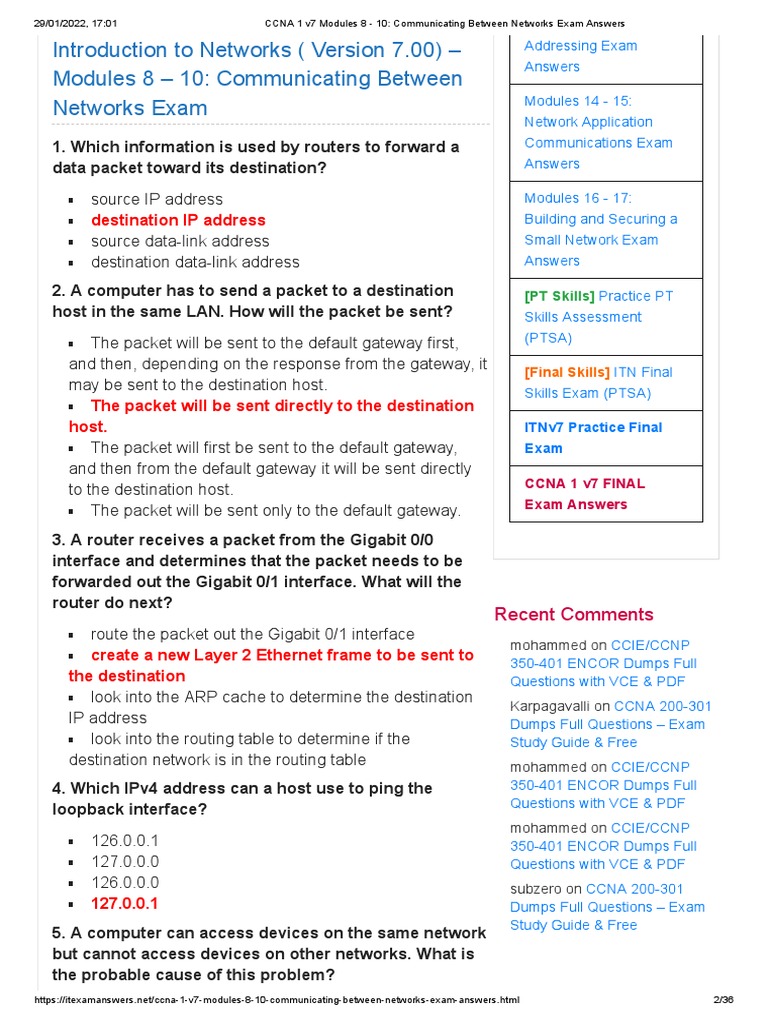 CCNA 1 v7 Modules 8 - 10 - Communicating Between Networks Exam Answers | PDF | Computer Network ...