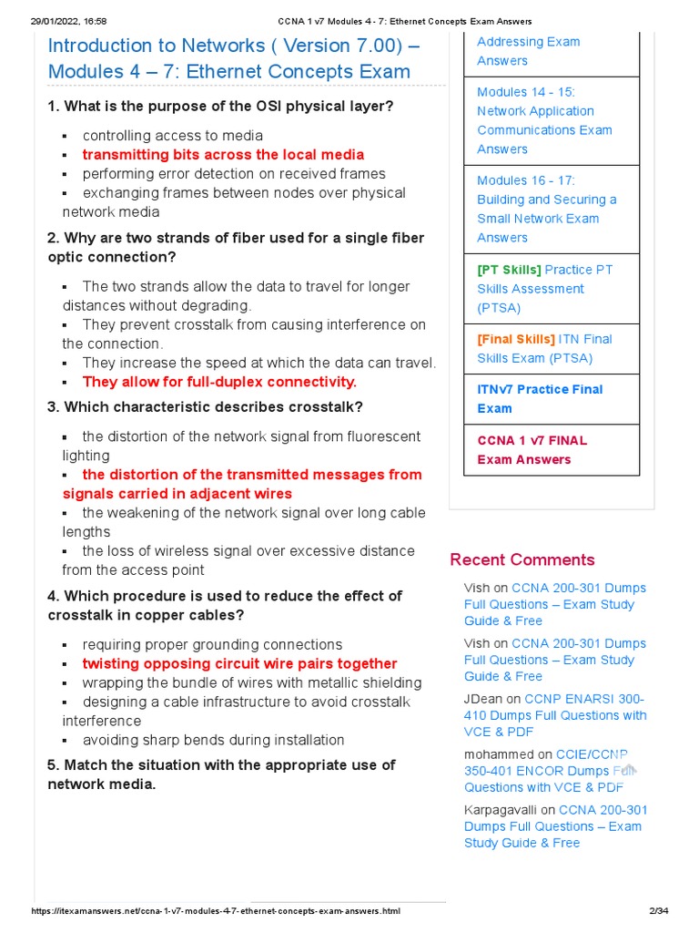 CCNA 1 v7 Modules 4 - 7 - Ethernet Concepts Exam Answers | PDF | Computer Network | Transmission ...