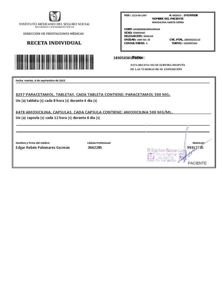 Receta IMSS: Amoxicilina y Paracetamol | PDF