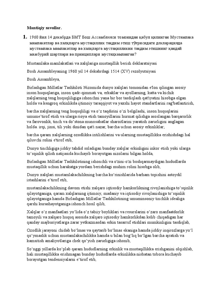 Mustamlaka Mamlakatlari Va Xalqlariga Mustaqillik Berish Deklara | PDF