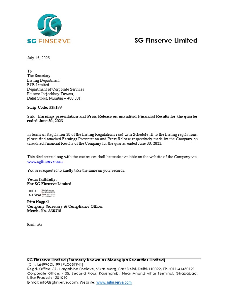 SG Finserve Limited: Digitally Signed by Ritu Nagpal Date: 2023.07.15 ...
