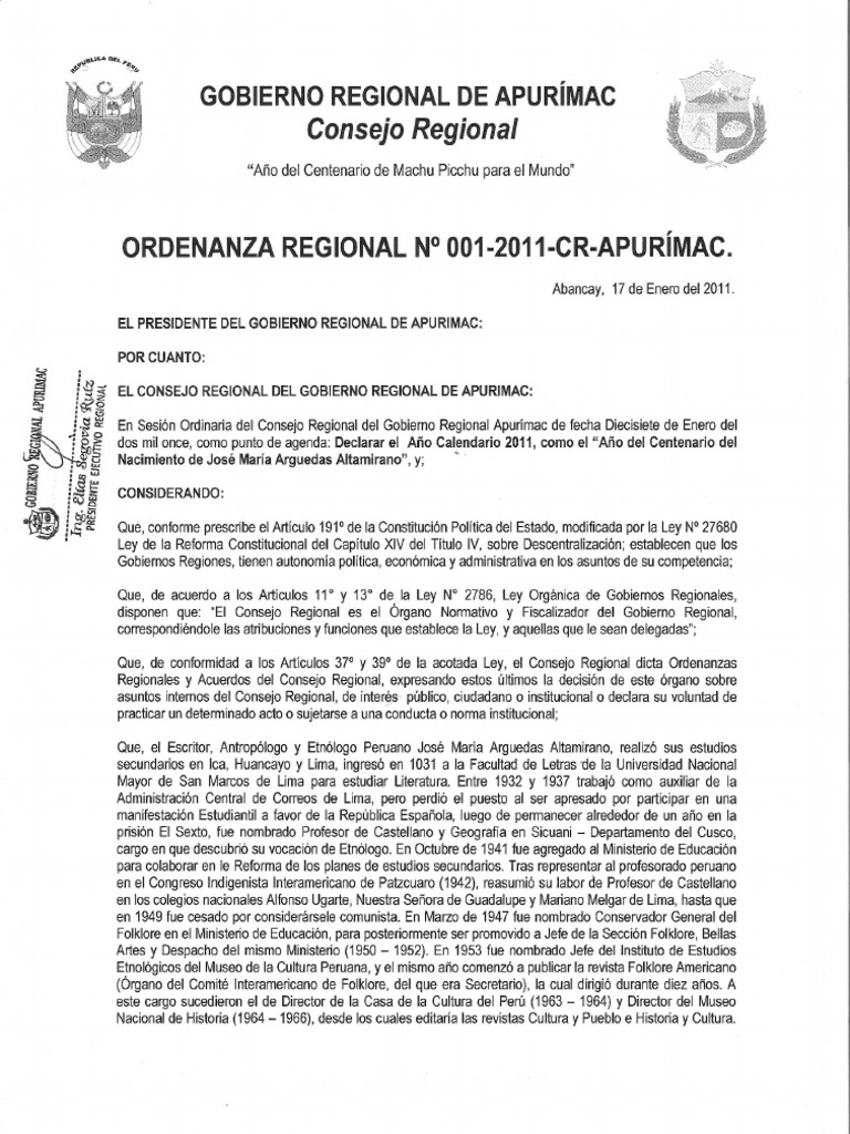 Ordenanza Regional N 001 2011 CR Apurimac | PDF