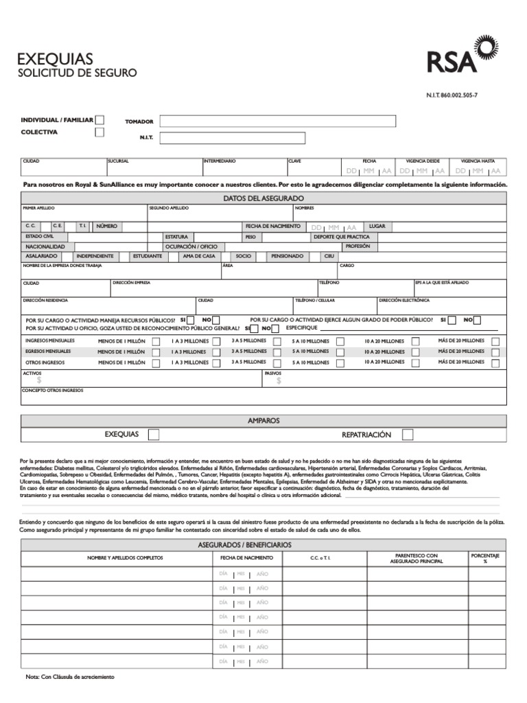 Solicitud Exequial | PDF | Póliza de seguros | Seguro