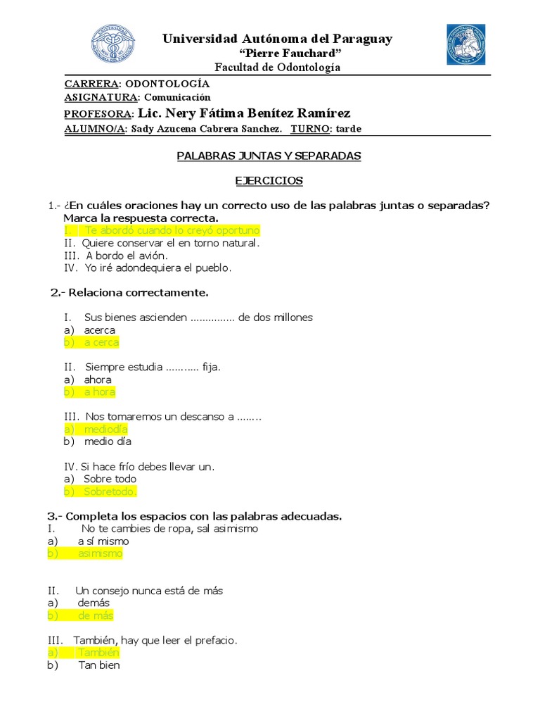 Palabras Juntas y Separadas. Ejercicios | PDF