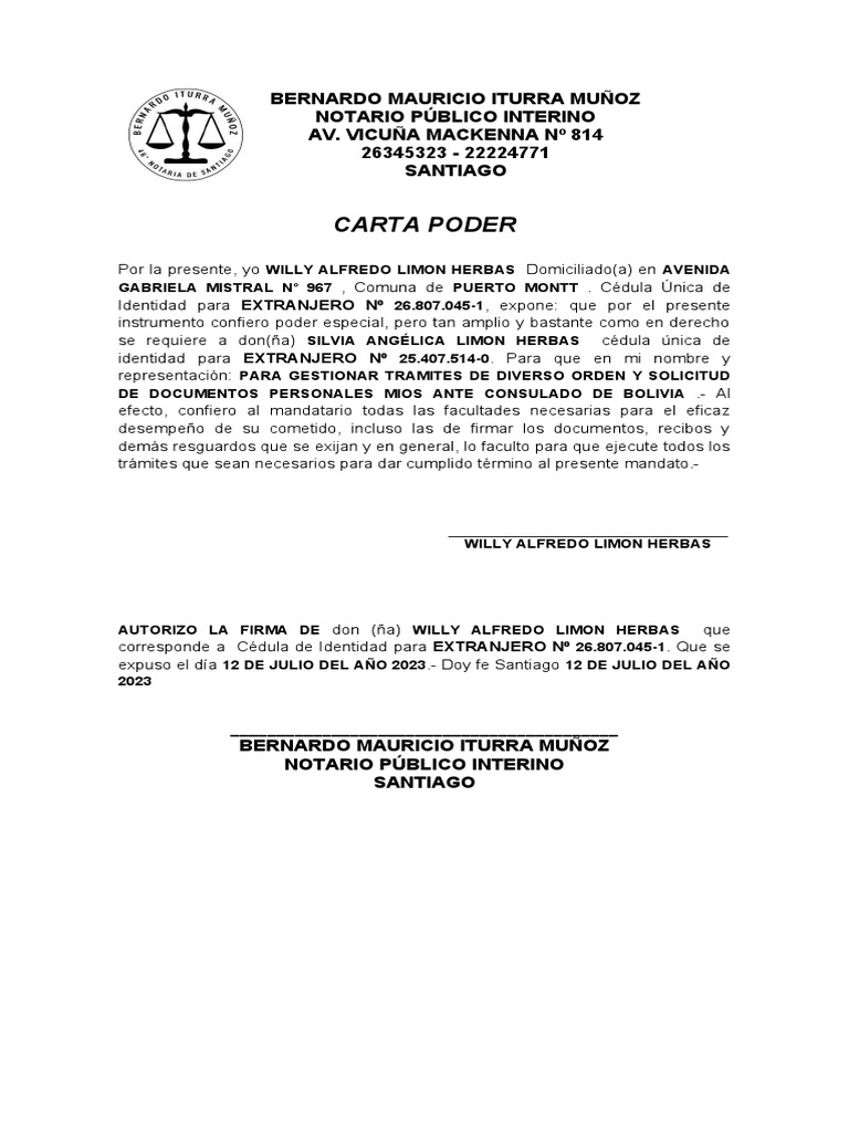 Carta Poder Tramites Consulado Willy Alfredo Limon Herbas | PDF