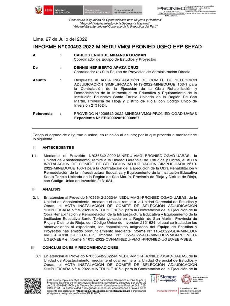 Informe-000493-2022-Minedu-Vmgi-Pronied-Ugeo-Epp-Sepad | PDF