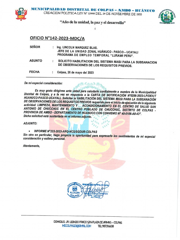 Oficio N°142-2023-Mdc.a | PDF