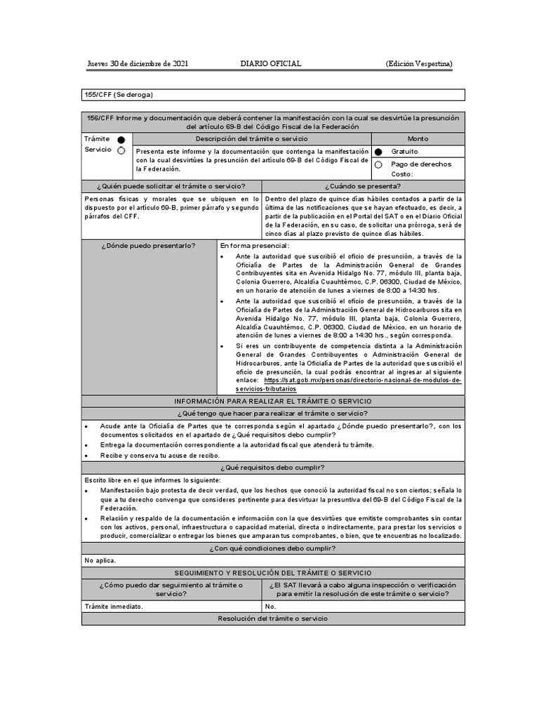 Ficha 156 CFF Informe y Documentacion Desvirtuar Presuncion 69 B CFF ...