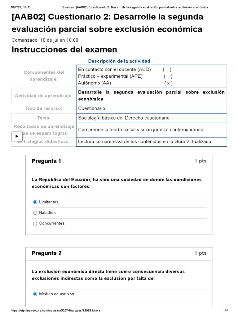 Examen - (AAB02) Cuestionario 2 - Desarrolle La Segunda Evaluación Parcial Sobre Exclusión ...