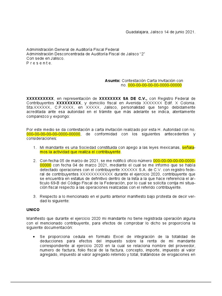 Escrito Carta Invitacion Articulo 69-B CFF | PDF | Impuestos | Factura