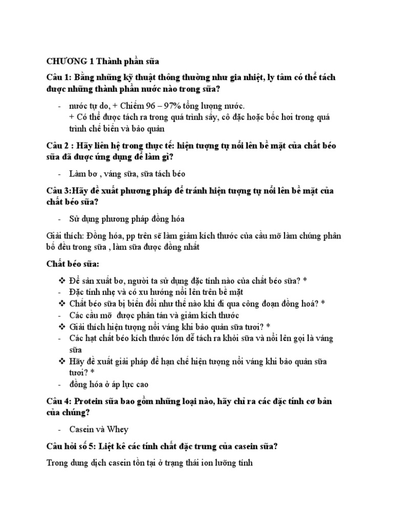 Câu hỏi CNCB Sữa | PDF