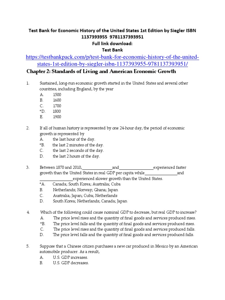 Test Bank for U.S. Economic History | PDF | Economic Growth ...
