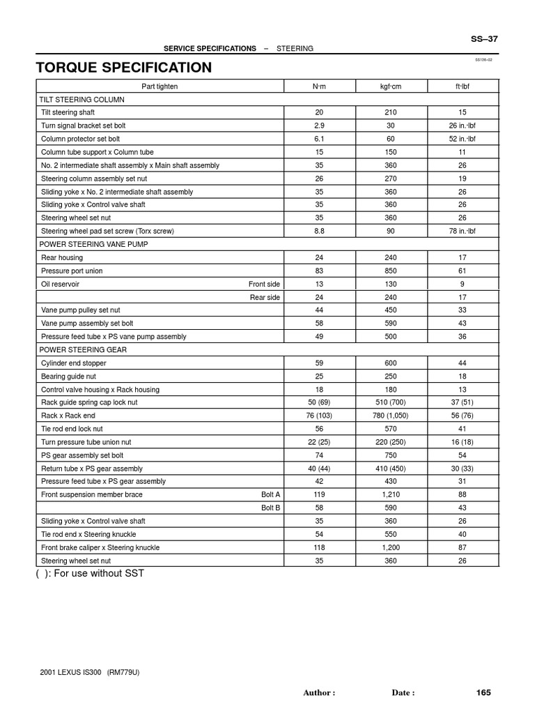 Lexus IS300 Steering Torque Specs | PDF | Axle | Steering