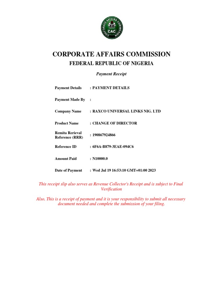 Cac Receipt | PDF | Law