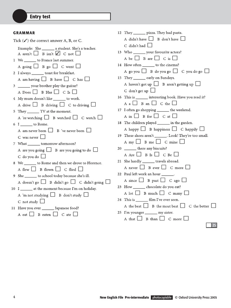 Entry Test Pre Intermediate | PDF