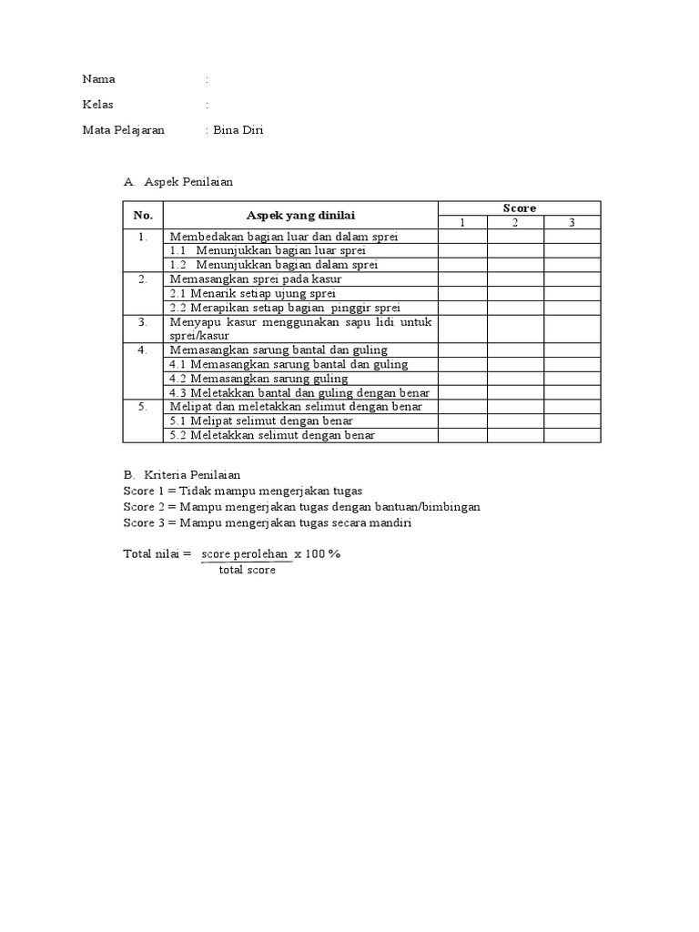 FORMAT PENILAIAN BINA DIRI | PDF